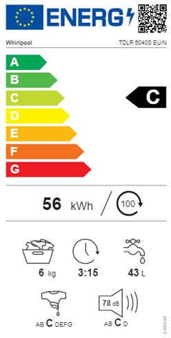 Whirlpool TDLR 6040S EU/N | 6 kg. Topbetjent vaskemaskine energimærke C